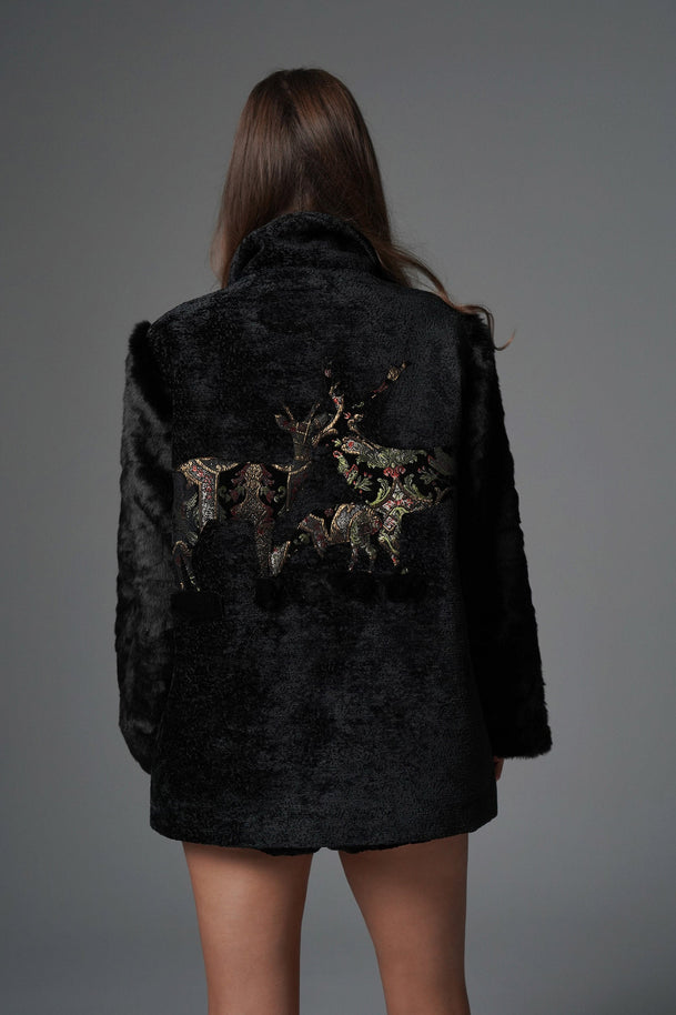 Shooka Fox Fur Luxury Coat with Deer Motif | Designer Outerwear ...